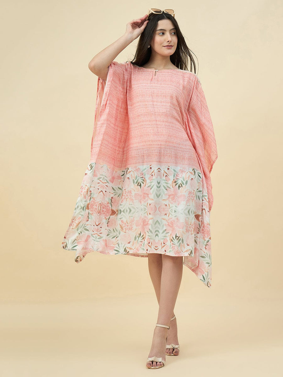 Peach Pink Floral Printed Modal Kaftan Dress with Back Elastic – The ...