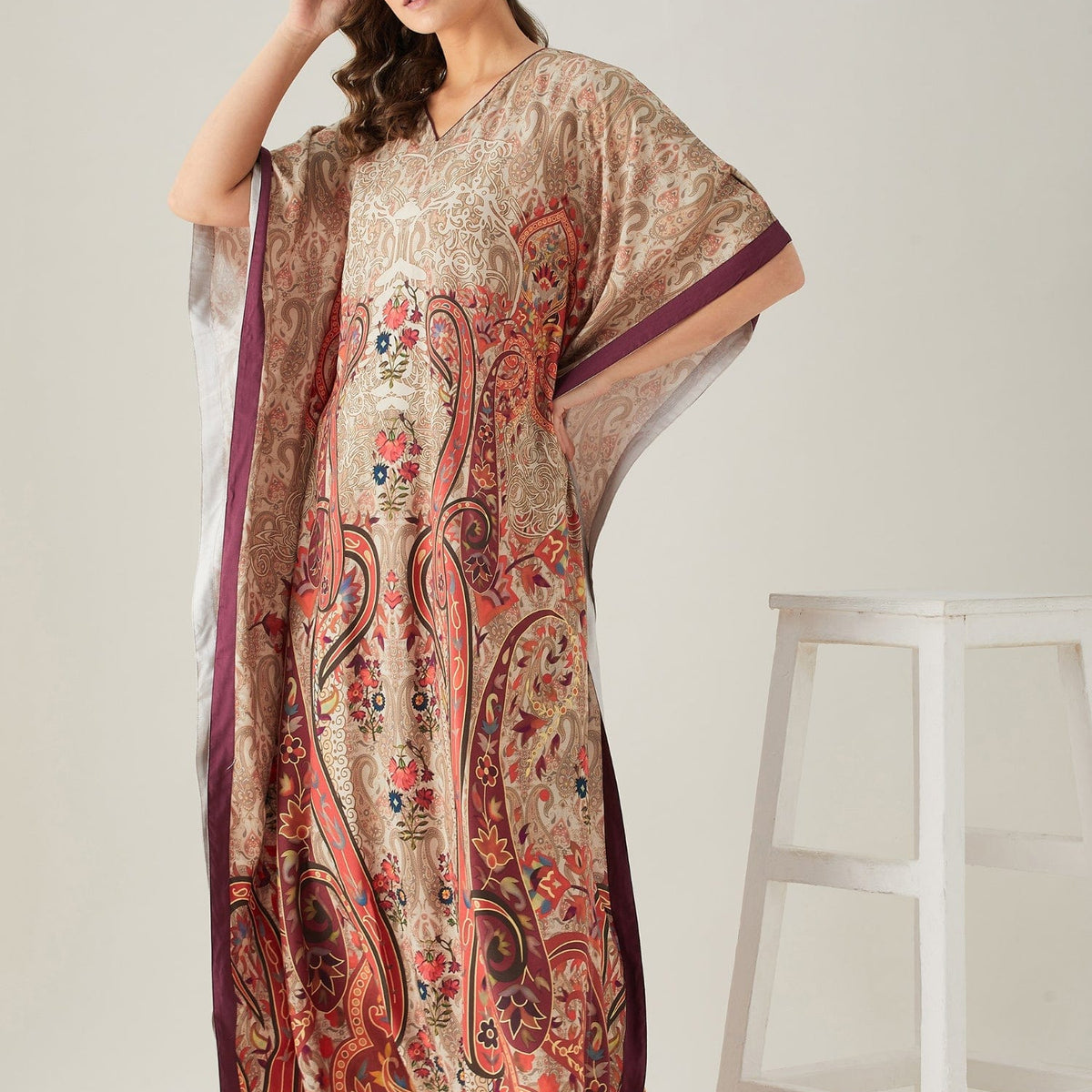 Buy Beige Persian Paisley Print Kaftan Night Dress For Women | The ...