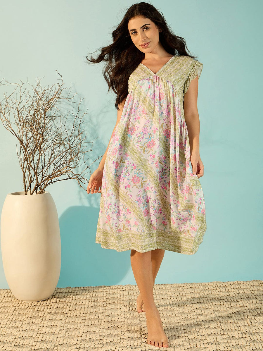 Women Chic Modal Floral Printed Knee Length Negligee Dress - The Kaftan ...